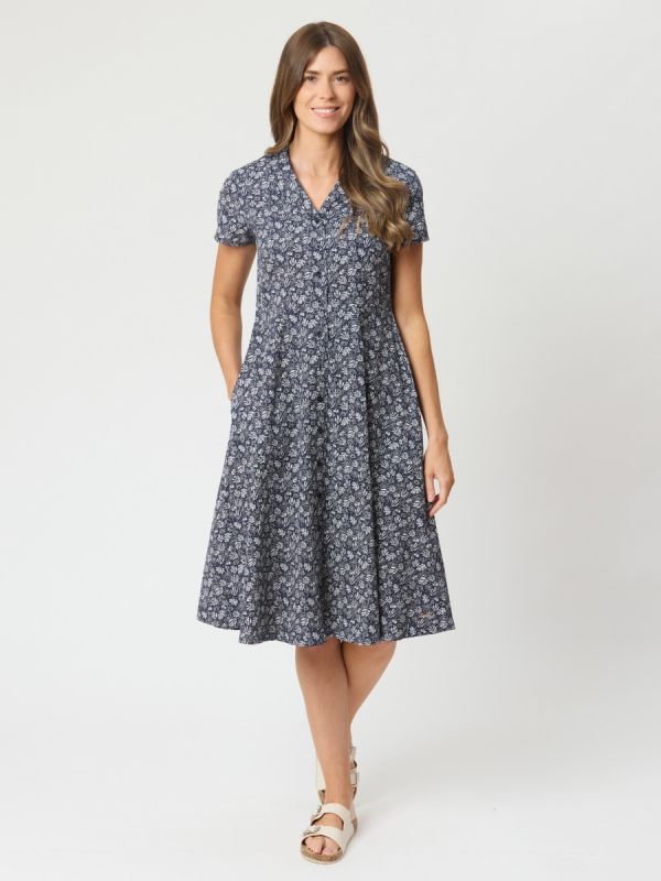 Amelia Short Sleeve Printed Dress In Navy | Dress & Skirts |Quba & Co