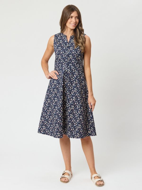 Anay Sleeveless Boat Print Cotton Dress In Navy | Dress & Skirts |Quba & Co