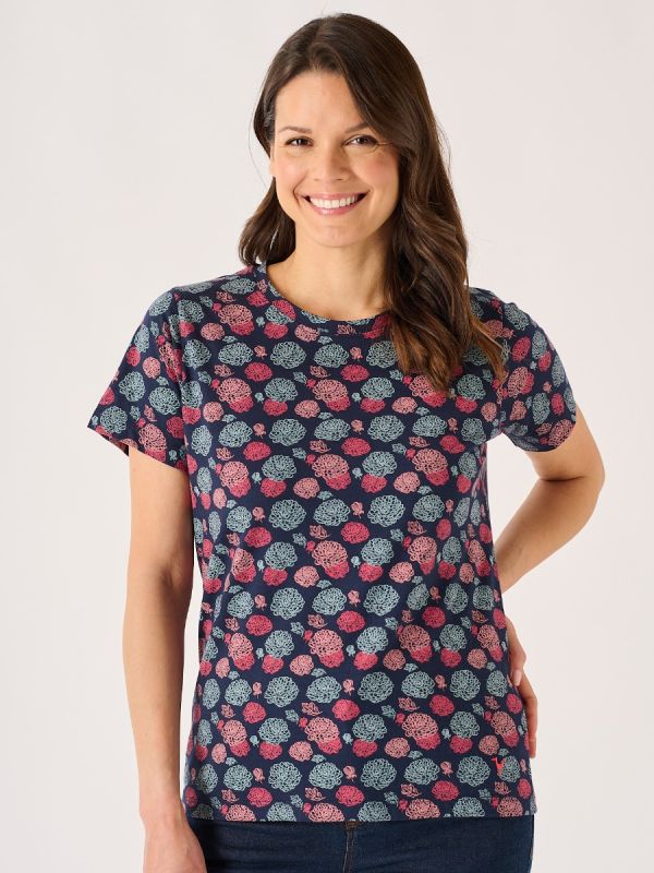 Navy And Coral Floral Printed T- Shirt - Carlene