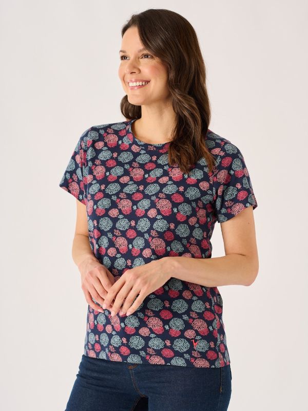 Navy And Coral Floral Printed T- Shirt - Carlene