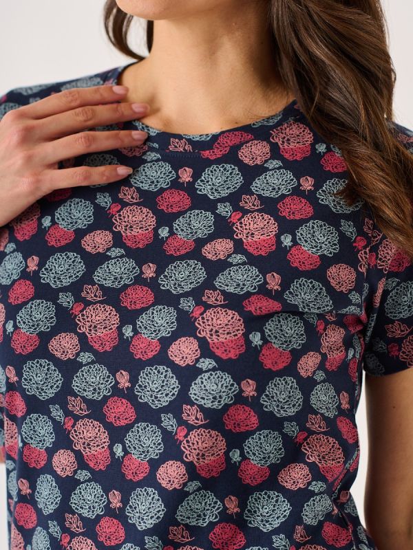 Navy And Coral Floral Printed T- Shirt - Carlene
