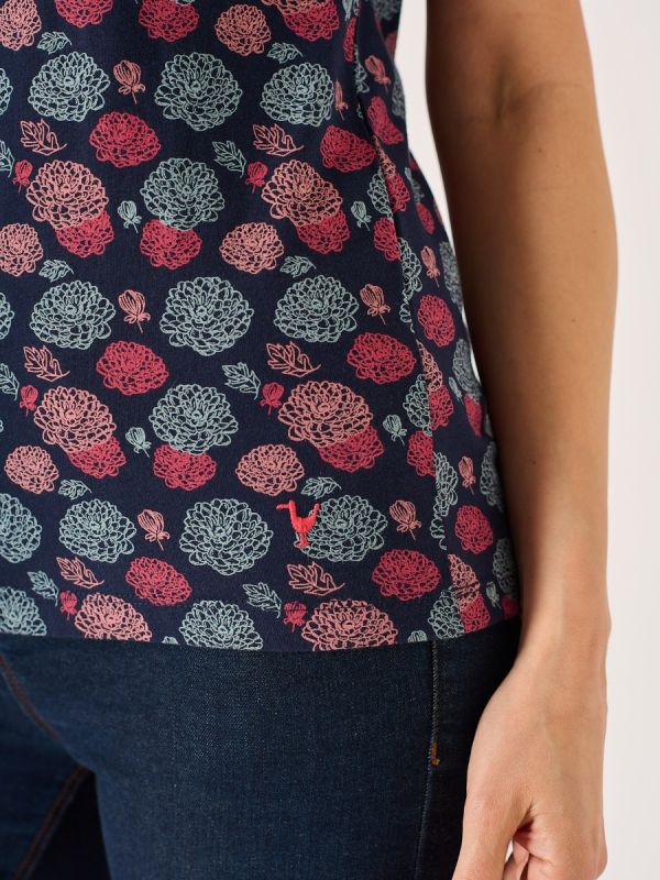 Navy And Coral Floral Printed T- Shirt - Carlene