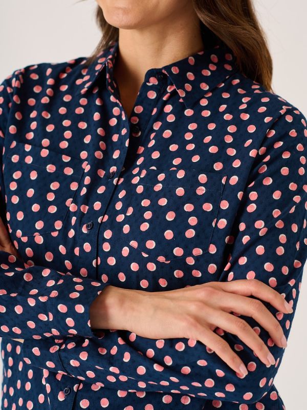 Navy Long Sleeve Pink And White Spot Print Shirt - Celina