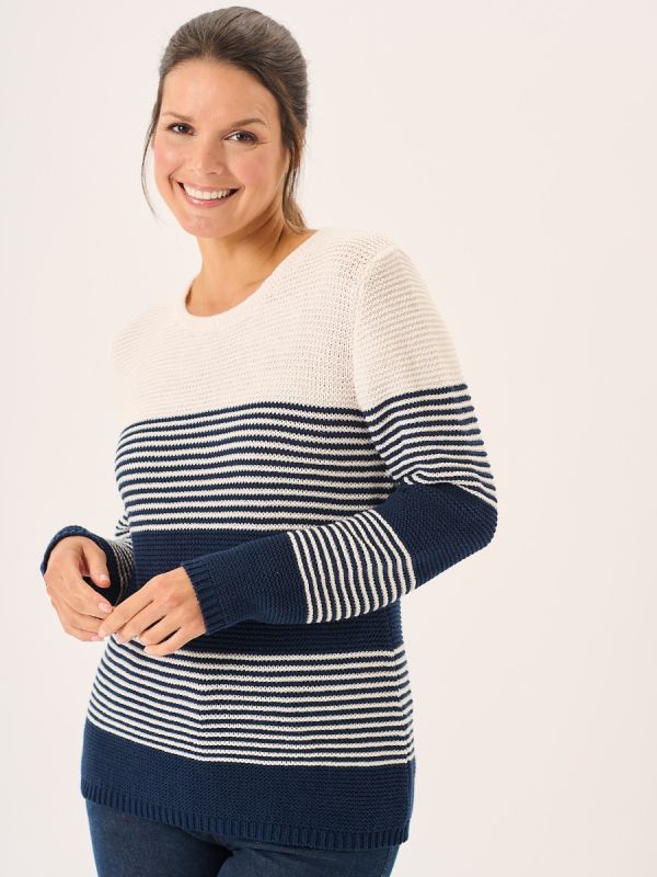 Navy And Foam White Purl Knit Striped Jumper - Rayne