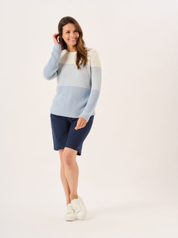 Ladies White And Soft Blue Pearl Stitch Knitted Jumper - Sare