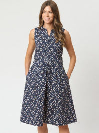 Anay Sleeveless Boat Print Cotton Dress In Navy | Dress & Skirts |Quba & Co